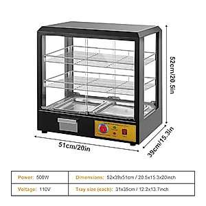 Food Pizza Warmer, 3-Tier Electric Food Warmer Commercial Countertop with Lighting and Glass Door, 500w Commercial Electric Warmer Display for Restaurant Small Heated Warming Box