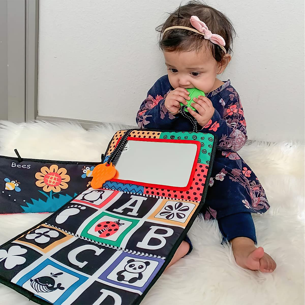 UNIH Tummy Time Floor Mirror Baby Toys with Teethers & Cloth Books - High Contrast Black & White Sensory Toy for Newborn Infant Babies Toys 0 3 6 Months