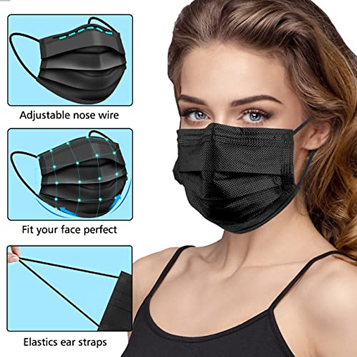 100PCS Face Masks, Masks Disposable, 3 Layer Protection Black Disposable Face Masks for Adult, Teenager, elderly