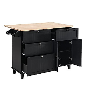 Kitchen Island Set, Rectangular Bar Table with 2 Seatings & Drop Leaf, Dining Table Set with Storage Cabinet & Drawers, Wood Sideboard with Towel Rack for Kitchen Dining Room (Black+Rustic Brown)