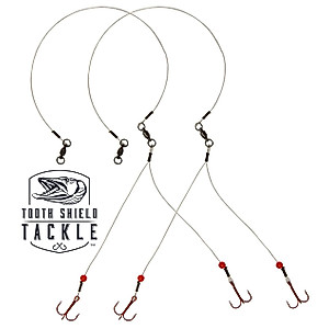 TOOTH SHIELD TACKLE Ice Fishing Quick Strike Tip-Up Rig (80 lb Fluorocarbon) / Ice Fishing Walleye Tip Up Quick Strike Bait Harness Red Flipper (2 Pack) (#6)