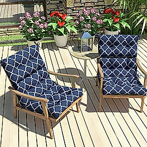 LVTXIII Outdoor Seat/Back Chair Cushion Patio Tufted High Back Cushion, Seasonal Replacement Rocking Chair Cushion with Ties (22” W x 20D”, Set of 2, Geomentry Navy)
