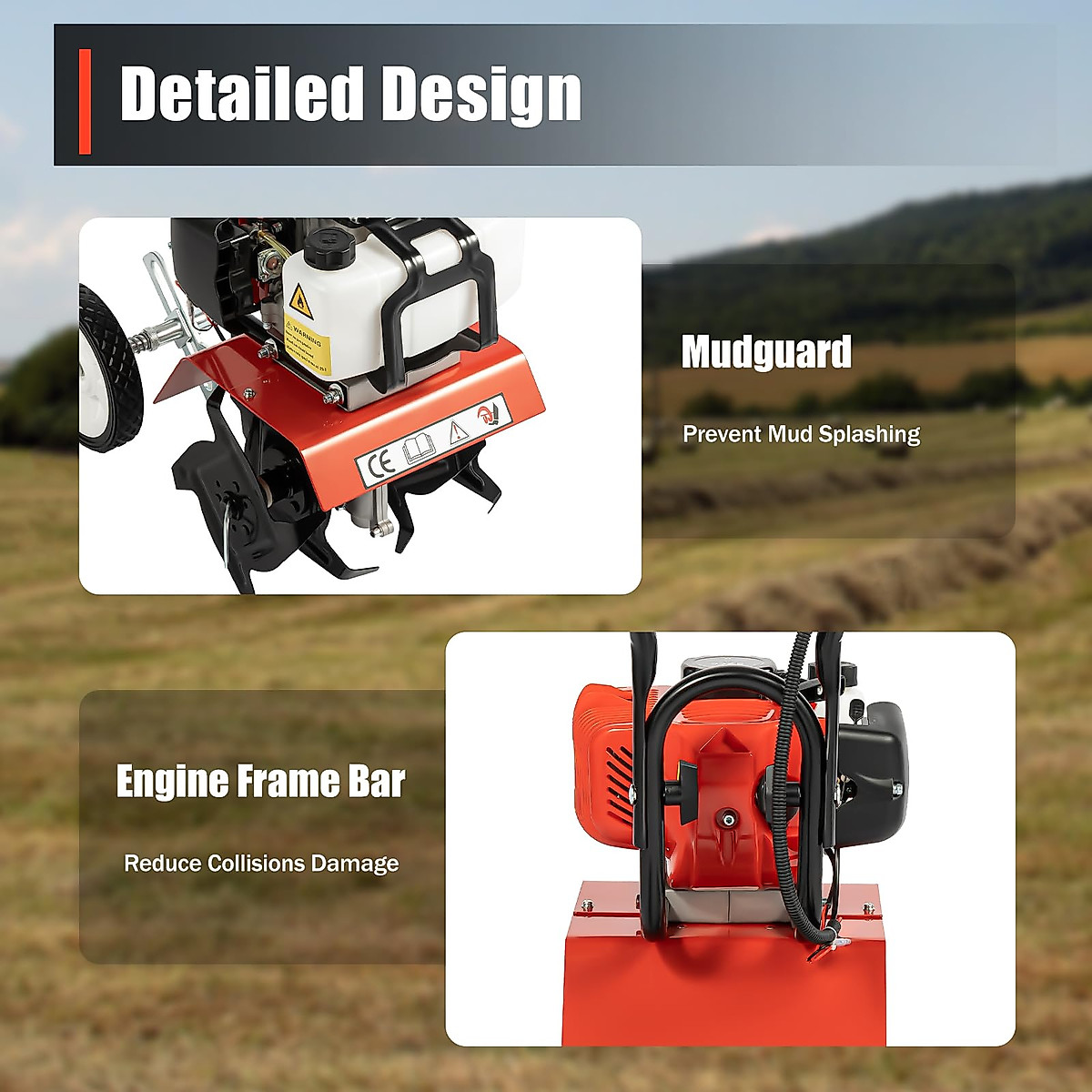 Rototiller Tiller Cultivator, 52CC 2-Stroke Forward Swivel Compact Fork Tiller Gas Motor Cultivator Premium Steel Adjustable Forward Swivel Tine for Garden & Lawn, Digging & Soil Tillage