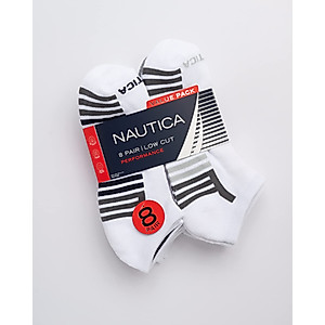 Nautica Men's Low Cut Socks - 8 Pack Comfort Cushioned Athletic Ankle Socks for Men - Casual Men's Sports Socks, Size 6-12.5, White Stripe