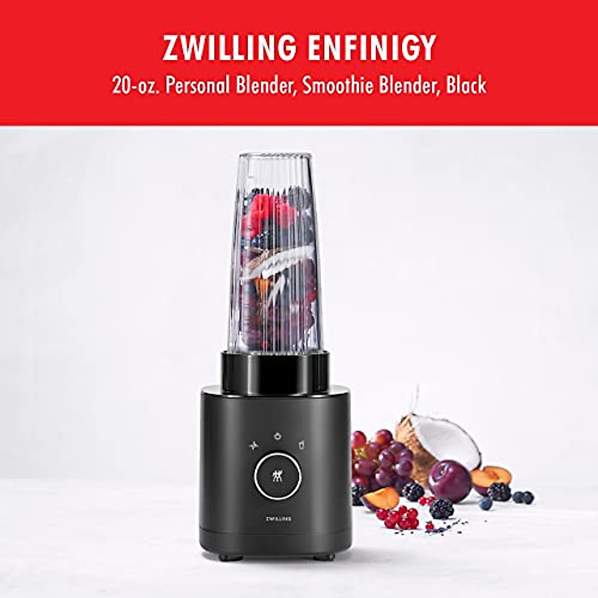 ZWILLING Enfinigy Personal Blender, Piranha Teeth Cross Blade for Ultimate Blending, Smoothies, Shakes and More, 20 fl oz Breakproof Travel Cup with Lid, BPA Free, Black