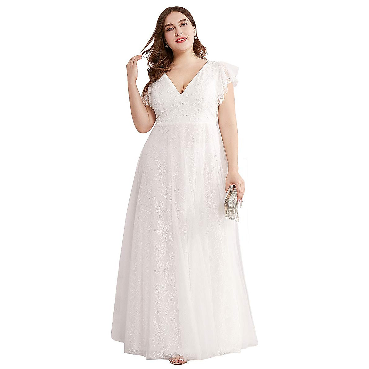 Ever-Pretty Women's A-Line V-Neck Flutter Sleeves Plus Size Cocktail Dress for Formal Party White US26