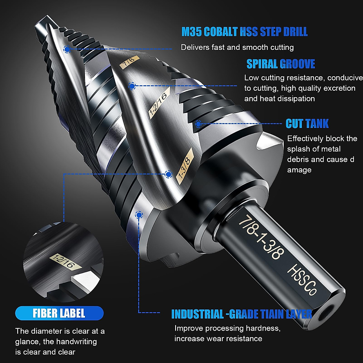 M35 Four Spiral Flute Step Drill Bit Set 1/4" - 1-3/8" （19 Sizes, 1/4" Hex Shank Unibit Step Drill bit, Impact Resistant M35 Cobalt Step Drill Bit, for Stainless Steel, Wood, Aluminum, Plastic