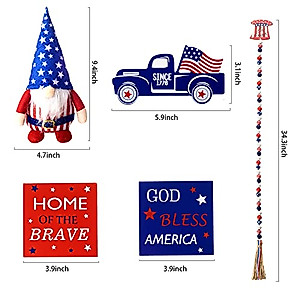 5 Pcs Independence Day 4th of July Tiered Tray Decor Patriotic Gnomes Plush Mini Wood Sign Wooden Stars and Stripes Bead Memorial Day Decorations