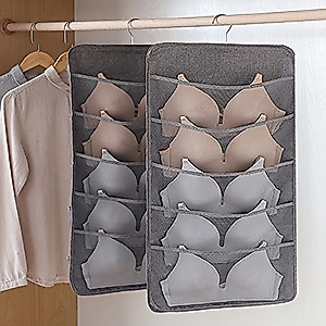 TuuTyss Dual-Sided Hanging Mesh Pockets Closet Organizer for Underwear,Bra,Socks,Accessories with Hanger,10 Large Pockets-Grey