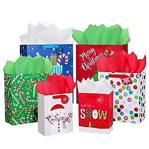 SUNCOLOR Pack of 12 Christmas Gift Bags Assorted Sizes With Tissue paper (4 Extra Large 16", 4 Large 12", 4 Medium 9")