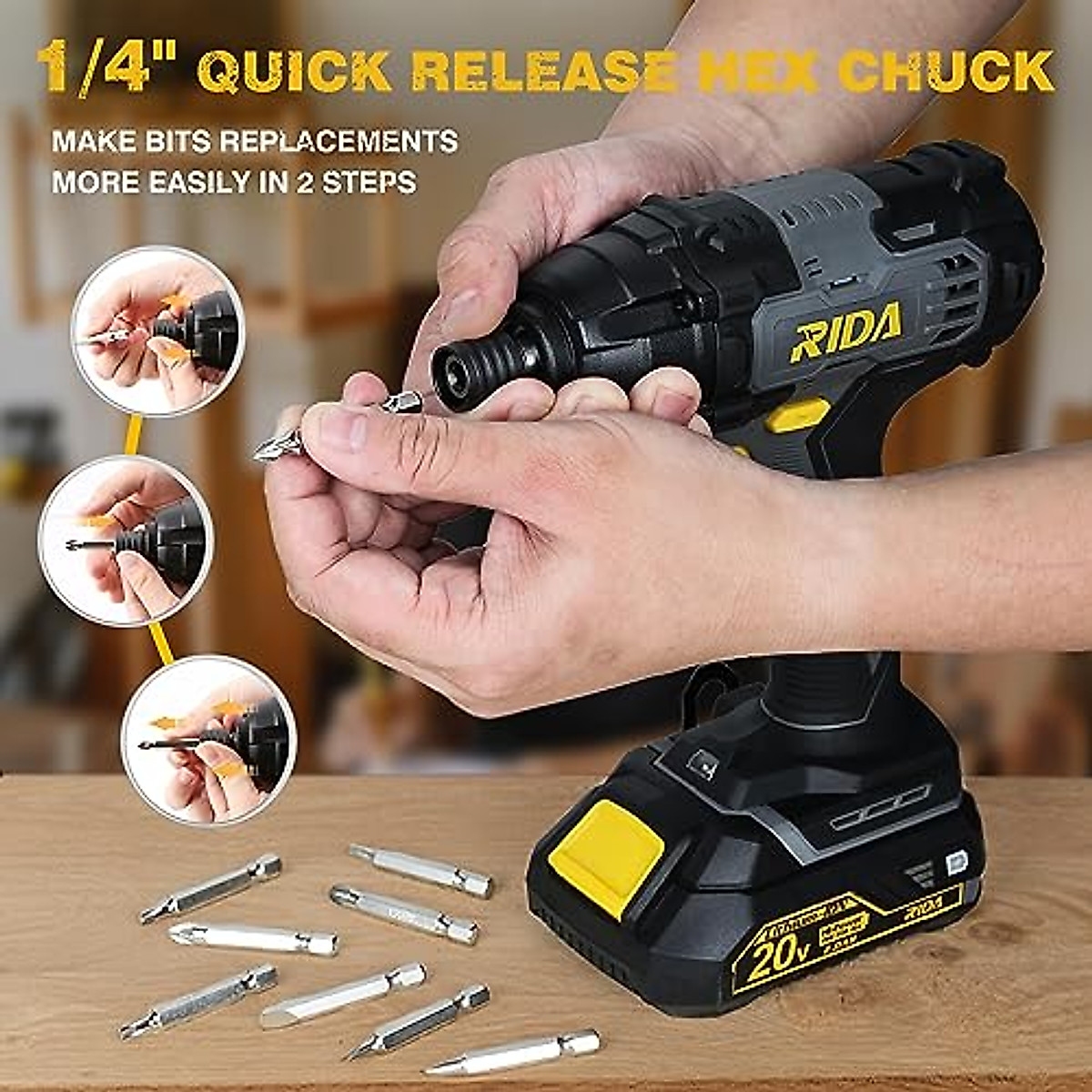 RIDA Cordless Impact Driver Kit,180N.m. 20V Impact Drill Driver Set 1/4" All-Metal Hex Chuck, 0-2800RPM Variable Speed, 2.0Ah Battery & Fast Charger, 25 Pcs S2 Bits &Tool Bag New Year Gift