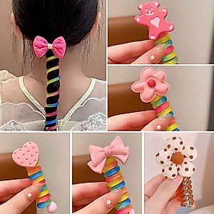 Colorful Telephone Wire Hair Bands Bowknot Braided Flower Telephone Cord Hair Ties Ponytail Holder Phone Cord Spiral Hair Ties for Kids (Colorful)