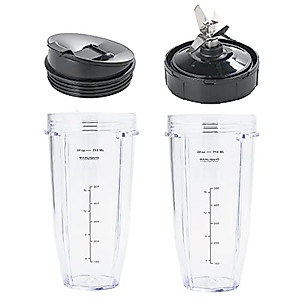 2 Replacement 24 oz Cups with Lid & Extractor Blade [7-FIN ONLY] for Ninja Blender (Auto iQ BN801 BL480-30 BL640-30 BL642-30 NN100-30 BL2012)