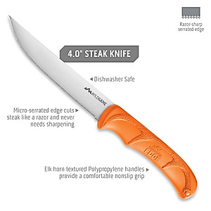 OUTDOOR EDGE Wild Game Steak Knives 4-Piece Set with Never-Sharpen Micro Serrated 420J2 Stainless Blades and Elk Horn Textured Black Polymer Handles