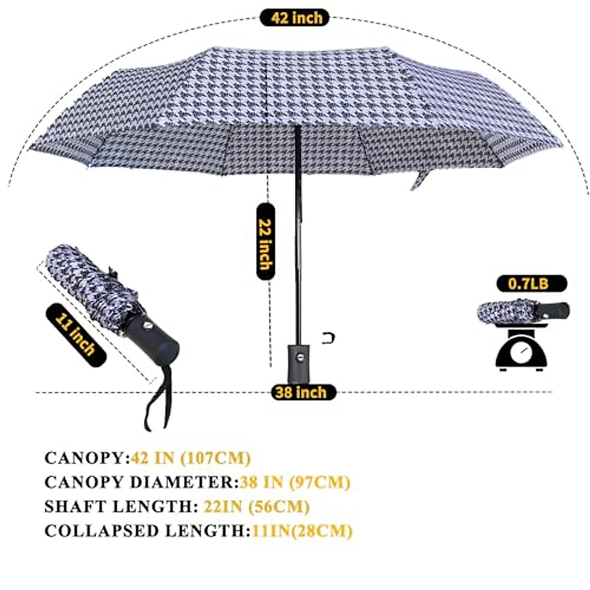 MRTLLOA 42/49 Inch Compact Windproof Travel Umbrella for Rain, Lightweight, Portable, Strong, Folding Umbrellas for Women and Men(42 inch,Herringbone)