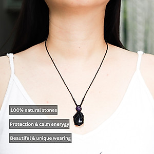 CrystalsMacrame Black Obsidian and Amethyst crystal necklace for protection and healing, handmade necklace with 2 stones pendant jewelry for women men teen girls boys
