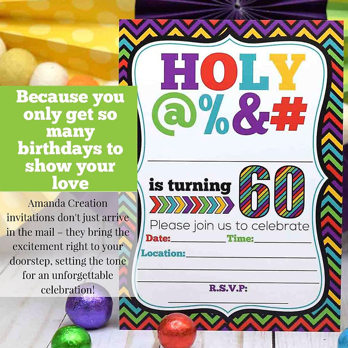 HOLY @% 60th Birthday Party Invitations, 20 Funny 5x7 Fill In Cards with Twenty White Envelopes for Milestone Birthdays by AmandaCreation