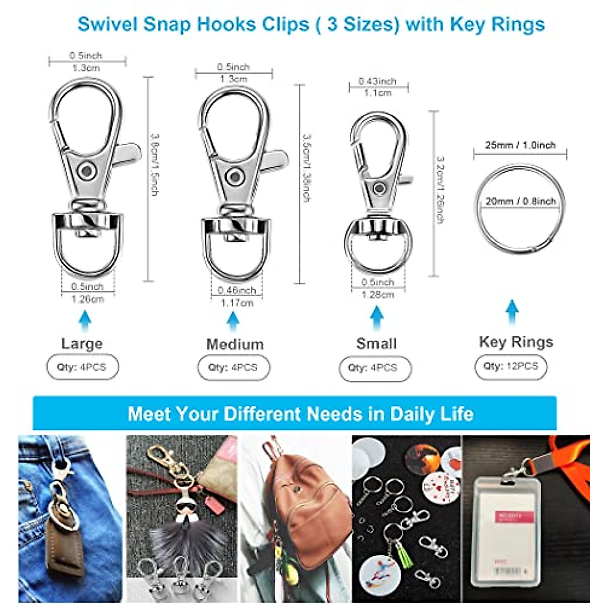 YHYZ Keychain Key Chain Rings Clips Swivel Bulk (40pcs), Small + Medium + Large, Swivel Lanyard Snap Hooks (Lobster Claw Clasp) with Rings, for Keychain Crafts Resin, Lanyard, Bag, Purse,Tag