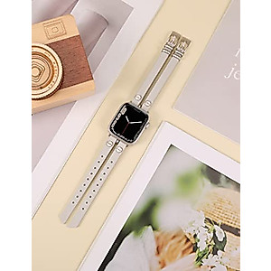 Wearlizer Leather Bands Compatible with Apple Watch Band 38mm 40mm 41mm Women, Double-Row Design with Rivets Decoration Stylish Strap for iWatch Series SE/9/8/7/6/5/4/3/2/1(Starlight with Starlight)