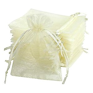 Naler 120 Pieces 2.7 x3.5 Inch Mini Sheer Drawstring Organza Bags Jewelry Sack Pouches Candy Jewelry Party Wedding Favor Gift Bags, Beige