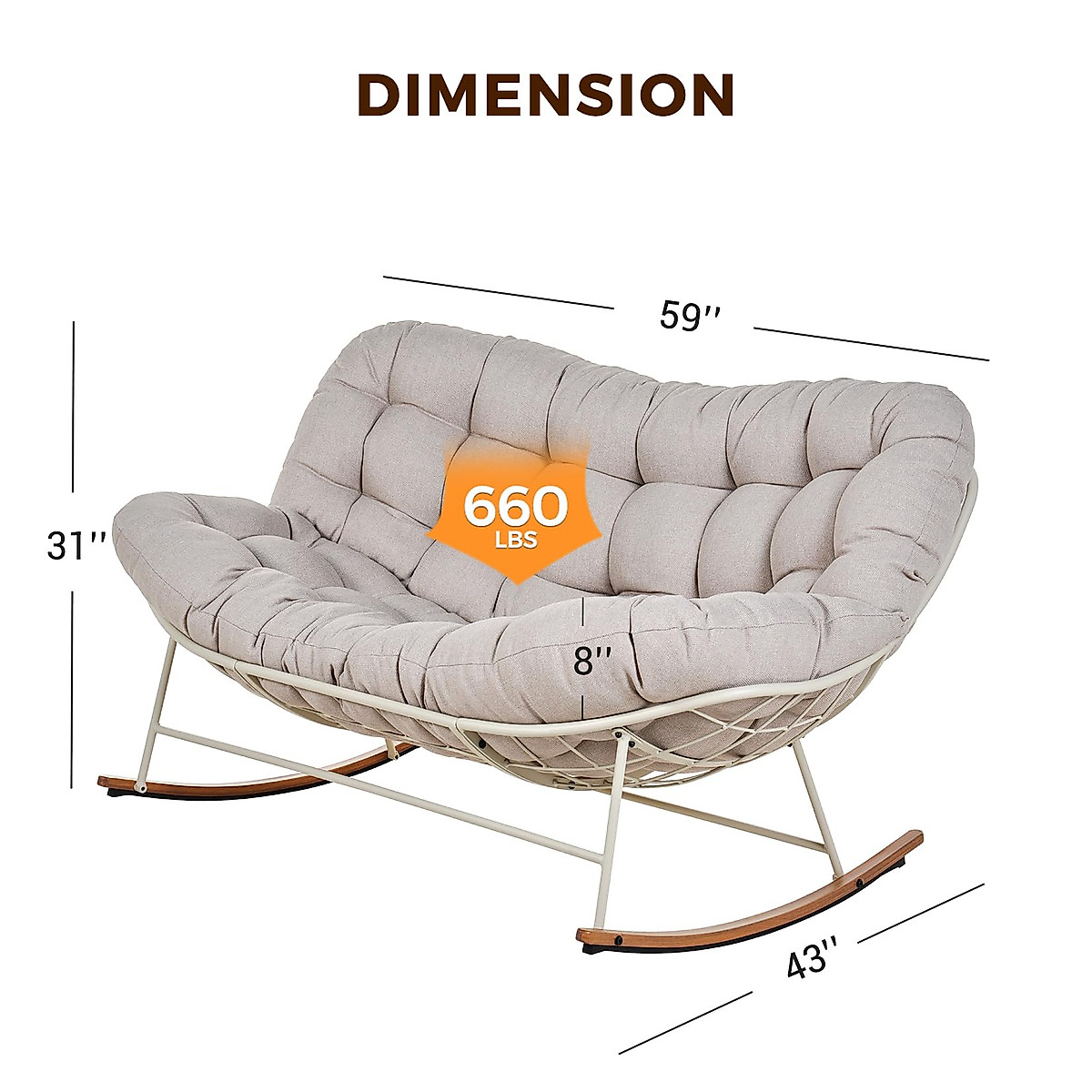 Grand patio Rocking Chair Outdoor, Oversized Rocking Chair for 2 with E-Coated Steel Frame and Thick Cushion, Comfy Papasan Rocking Chair for Patio Porch Deck Indoor
