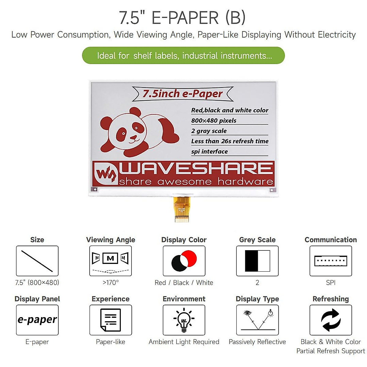 Waveshare 7.5inch E-Paper E-Ink Raw Display Compatible with Raspberry Pi 4B/3B+/3B/2B/B+/A+/Zero/Zero W/WH/Zero 2W Series Boards 800×480 Pixels Three-Color with SPI Interface Without PCB