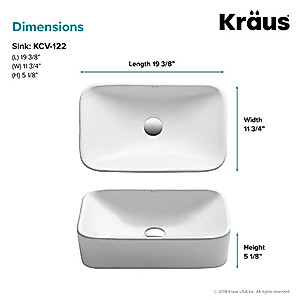 Kraus KCV-122 Ceramic Above counter Rectangular Bathroom Sink, 19.44 x 11.84 x 5 inches, White