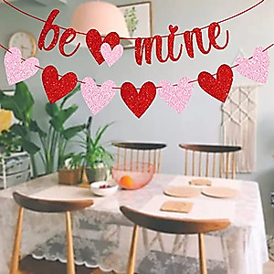 Valentines Day Banner Red and Pink Glittery Be Mine Banner Paper Heart Garland Banner for Valentines Day Decorations Wedding Proposal Engagement Bachelorette Party Decor Supplies - Pack of 2