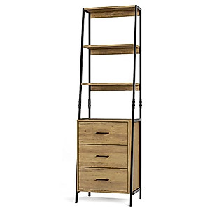HITHOS Ladder Bookcase with 3 Fabric Drawers, 3 Tier Industrial Bookshelf, Freestanding Tall Nightstand Organizer Unit for Living Room, Bedroom, Office, Rustic Brown