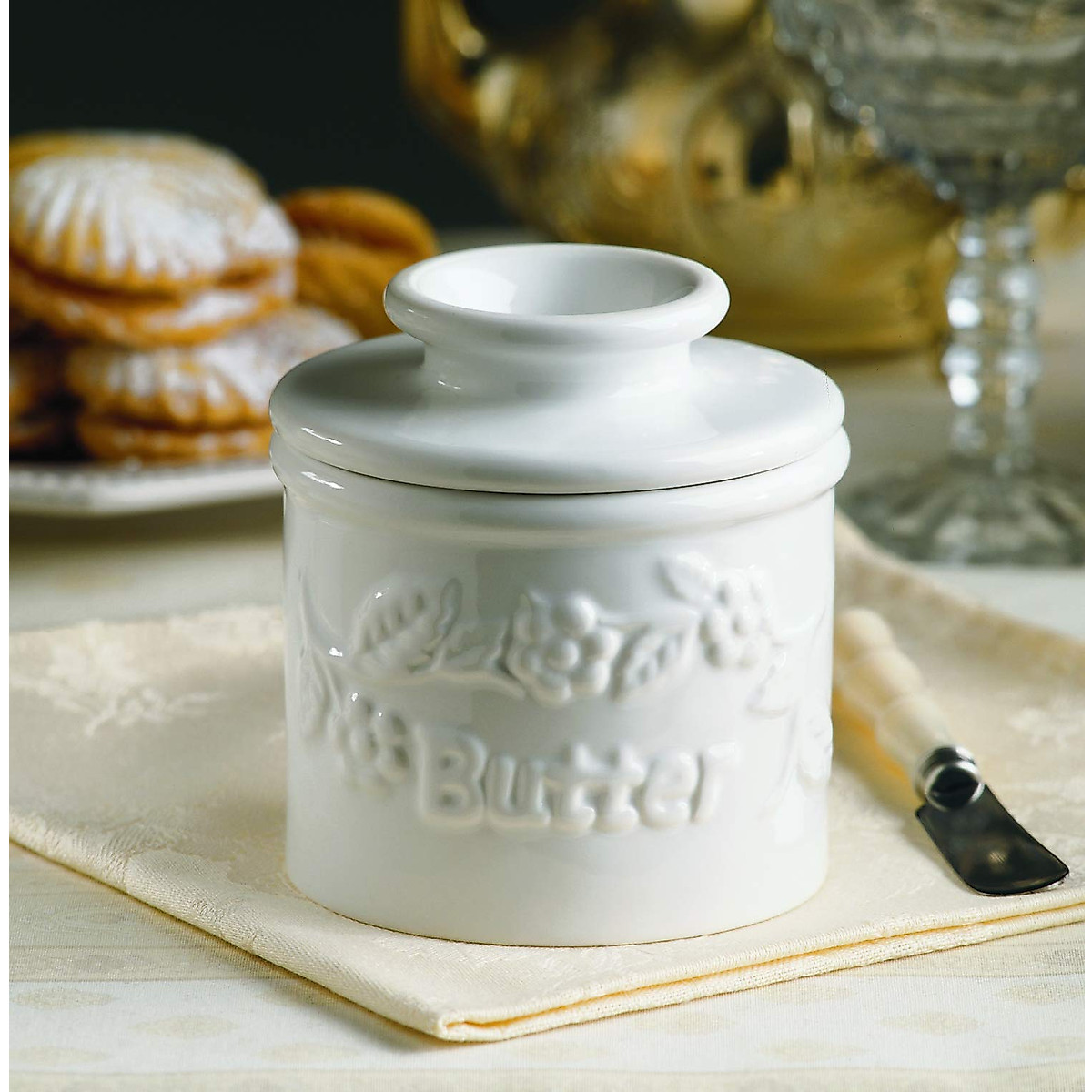 Butter Bell - The Original Butter Bell crock by L Tremain, a Countertop French Ceramic Butter Dish Keeper for Spreadable Butter, La Fleur Collection (White Raised Floral)