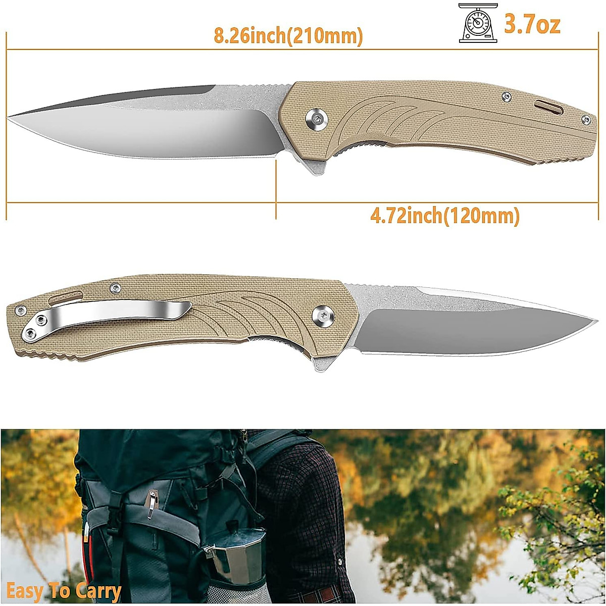 URiver Pocket Knife,G10 handle,With Pocket clip,Material Sharp Blade, Great for Paring, Hunting and Camping,Ideal Gifts for Your Family(Yellow)