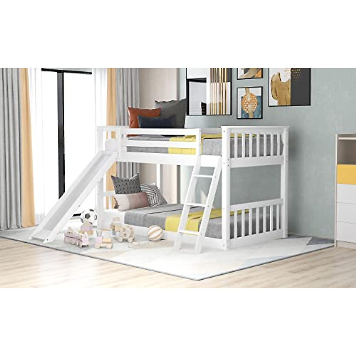 Tidyard Twin Over Twin Bunk Bed with Convertible Slide and Ladder, White for Bedroom Dorm Guest Room Home Furniture