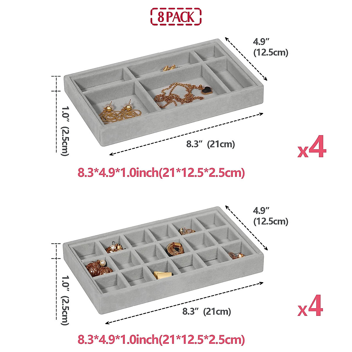 DIOMMELL 8 Pack Stackable Velvet Jewelry Trays Organizer, Jewelry Storage Box Display Trays Showcase Holder Closet Dresser Drawer Organizer for Earring Necklace Bracelet Ring Accessary