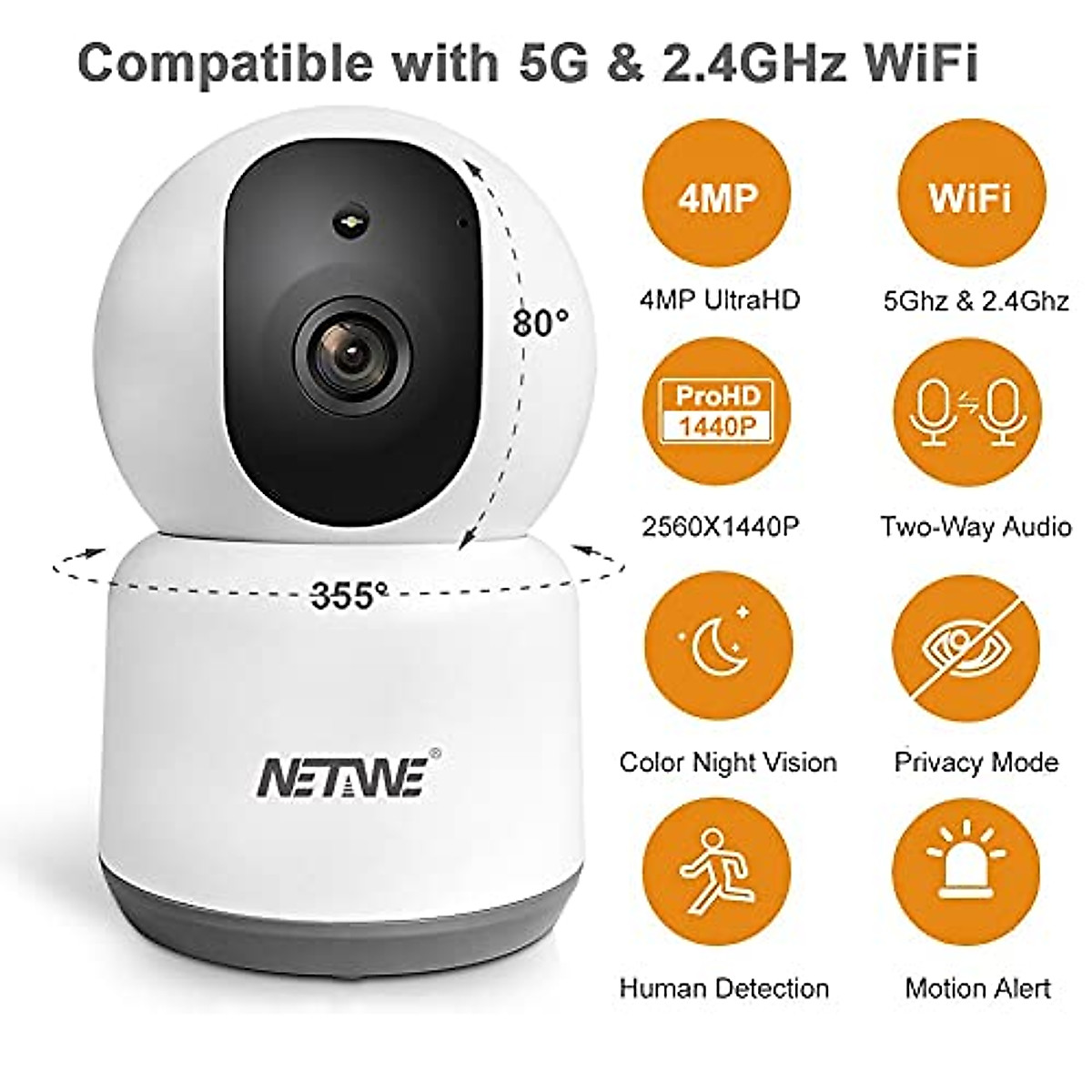 Netwe 4MP Security Camera WiFi IP Camera Dual Band 5Ghz/2.4Ghz Indoor Home Wireless Camera for Dog Pet Baby Nanny Monitor Camera Cam Night Vision Tow Way Audio Motion Human Detection SD Recording
