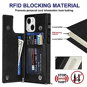 DEFBSC Compatible with iPhone 14 Case, Crossbody Wallet Case, Adjustable Detachable Lanyard Neck Strap with Kickstand Leather Card Holder Protective Cover for iPhone 14 6.1"-Black