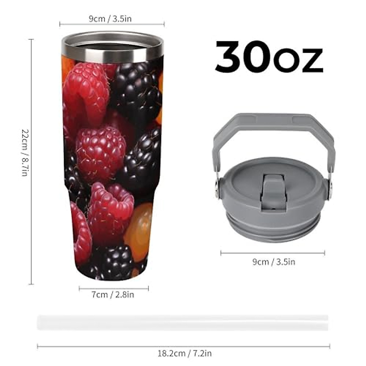 Black And Red Fruits Tumbler 30oz Large Capacity Car Cup with Handle Fit in Any Car Cup Holder Stainless Steel Leakproof Insulated Coffee Tumblers with Lid And Straw