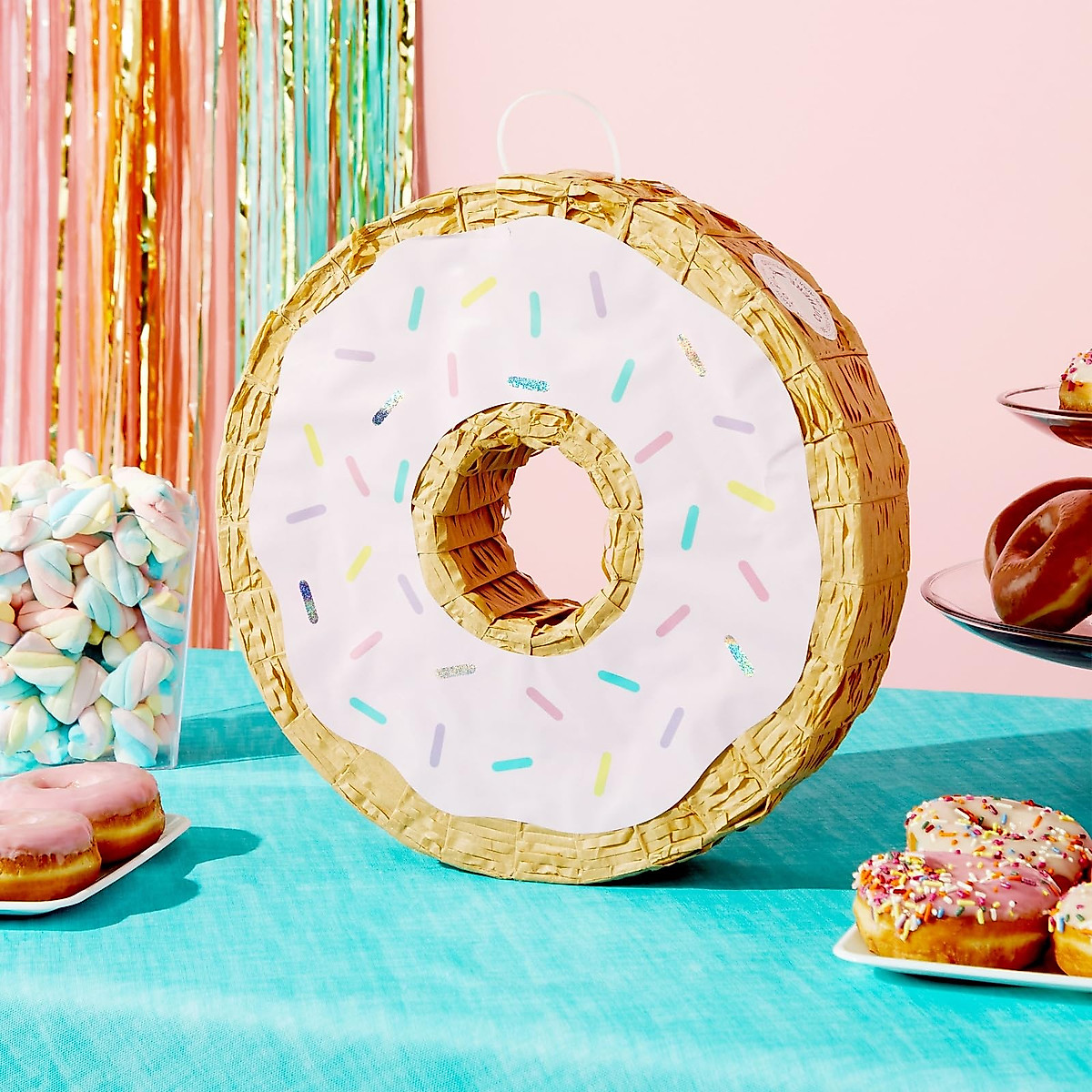 BLUE PANDA Pink Donut Pinata for Two Sweet Birthday Party Supplies, Donut Baby Shower Decorations (Small, 13 x 3 In)