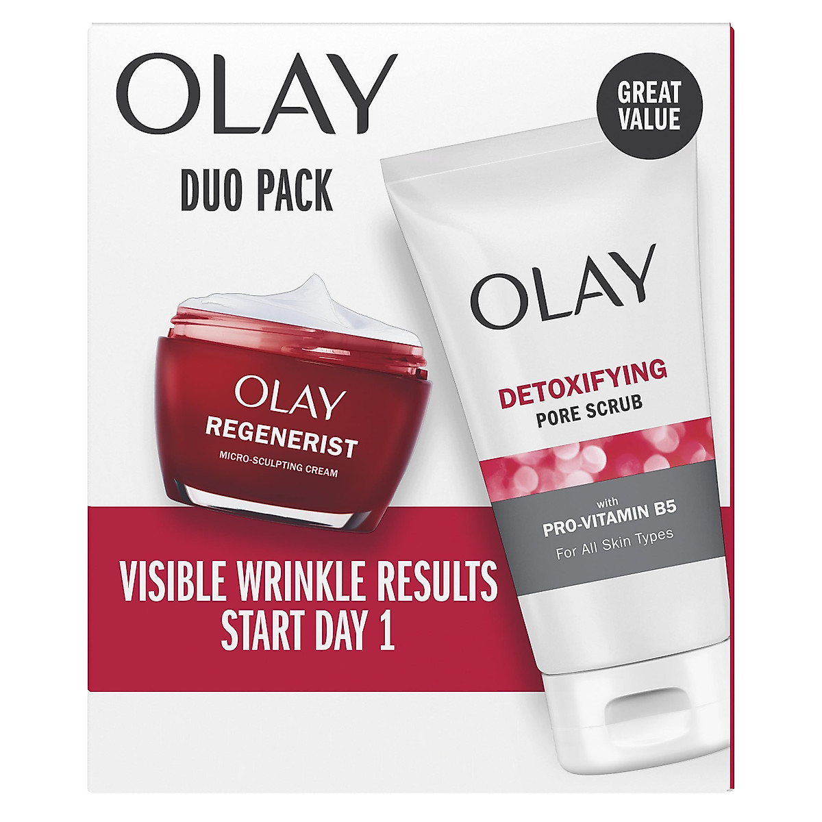 Face Wash by Olay Regenerist Advanced Anti-Aging Pore Scrub Cleanser (5.0 Oz) and Micro-Sculpting Face Moisturizer Cream (1.7 Oz) Skin Care Duo Pack, Total 6.7 Ounces Packaging may Vary