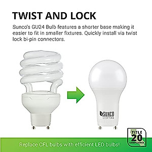 Sunco 6 Pack GU24 LED Light Bulbs 2 Prong A19, CRI91 5000K Daylight, 9W Equivalent 60W, CFL Replacement 800 Lumen, Super Bright Dimmable Twist & Lock GU24 Pin Base with 2 Prongs Instant On UL