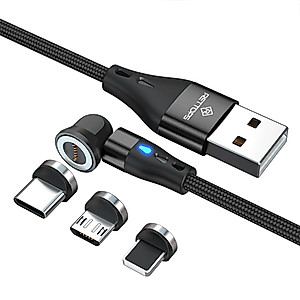 RETTOPS 540°, 7 pin Rotation USB Magnetic Charging Cable, 3 in 1 Charger [4-Pack, 3ft/3ft/6ft/6ft] 3A Fast Charging Cable Support Data Transfer Magnetic Charger Cable for iPhone/Micro USB/Type C