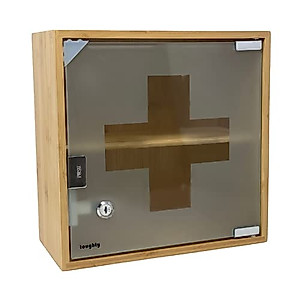 Toughty Bamboo Lockable Medical Cabinet for Medicine & Bandages with Frosted Tempered Glass, Wall Mount Storage Container, Hanging Medicine Cabinet, First Aid Wall Cabinet