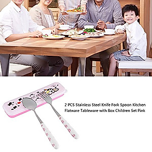 Stainless Steel Flatware Spoon for Kids, Ceramic Handle Fork Spoon Kitchen Tableware with Box Children Cutlery Set Outdoor Picnic Travel (Pink)