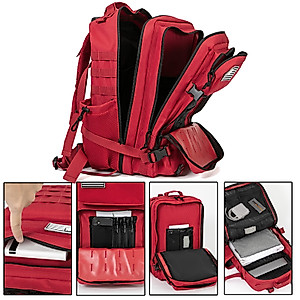 QT&QY Red Military Tactical Backpacks For women Fitness Army Molle Daypack 45L Large 3 Day emergency survival backpack Bug Out Bag Gym Rucksack With Bottle Holder