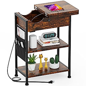 End Table with Charging Station, Narrow Side Table with USB Port and Outlet, Flip Top Nightstand with Storage Shelf, Storage Bag for Small Spaces, Bedside Table for Living Room, Bedroom (Brown)