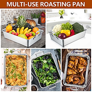 Roasting Pan with Rack Set of 3(Deep Broiling Pan & V-shaped Rack & Flat Cooling Rack), Herogo 14 Inch Stainless Steel Turkey Roaster Pan for Thanksgiving Christmas, Dishwasher Safe