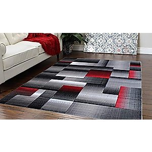 Masada Rugs, Modern Contemporary Area Rug, Red Grey Black (5 Feet X 7 Feet)