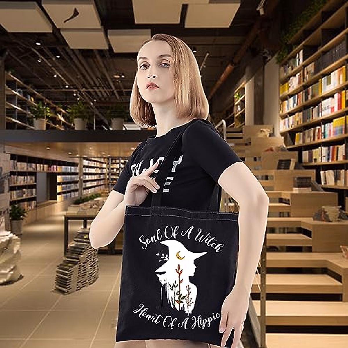 LEVLO Witch Canvas Tote Bag Witchy Gift Soul Of a Witch Heart Of a Hippie Shoulder Bag Witch Magic Merchandise (Soul Of a Witch BT)