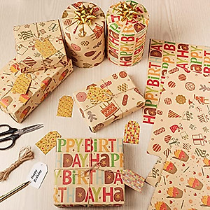 ZHULUOJI Kraft Wrapping Paper Birthday 8 Sheets Recyclable Wrapping Paper with 4 Gift Tags, Folded Flat Gift Wrap Paper Set, 19.7 in x 27.6 in Per Sheet