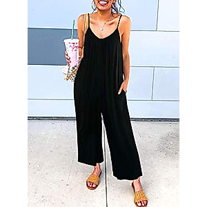 Dokotoo Women's Loose Plus Size Black Jumpsuits for Women Adjustable Spaghetti Strap Stretchy Wide Leg Solid One Piece Sleeveless Long Pant Romper Jumpsuit with Pockets 2XLarge