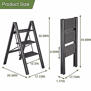 3 Step Ladder, Black Aluminum Ladder,330lbs Load Capacity, Folding Step Stool with Wide Anti-Slip Pedal,Lightweight and Portable for Home&Kitchen Space Saving.